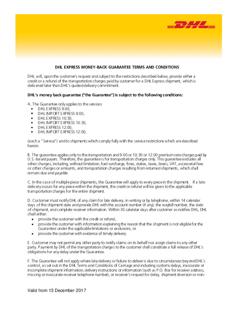Fillable Online DHL Money Back Guarantee & Refunds For Late Deliveries ...