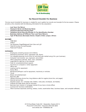 Fillable Online Tax Record Checklist For Business Fax Email Print ...