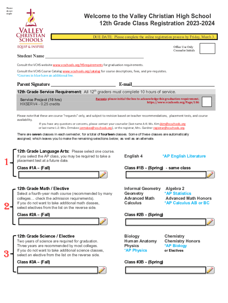 Fillable Online the Valley Christian High School 12th Grade Class ... Fax Email Print - pdfFiller