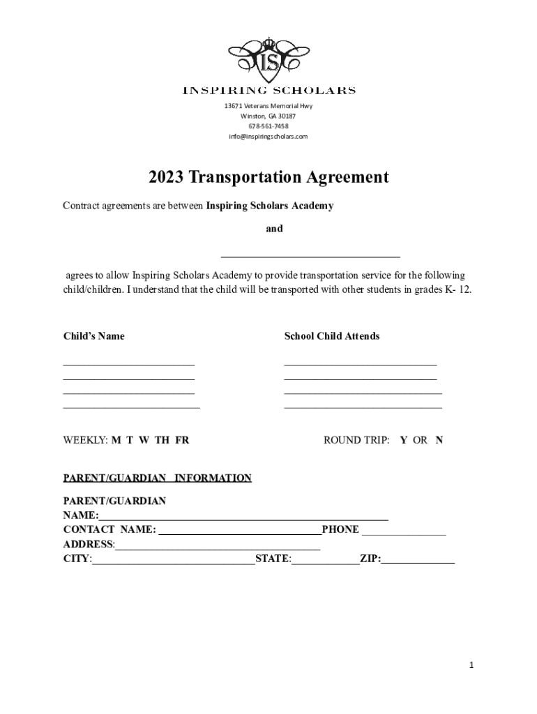 Fillable Online 2023 Transportation Agreement - Inspiring Scholars ...