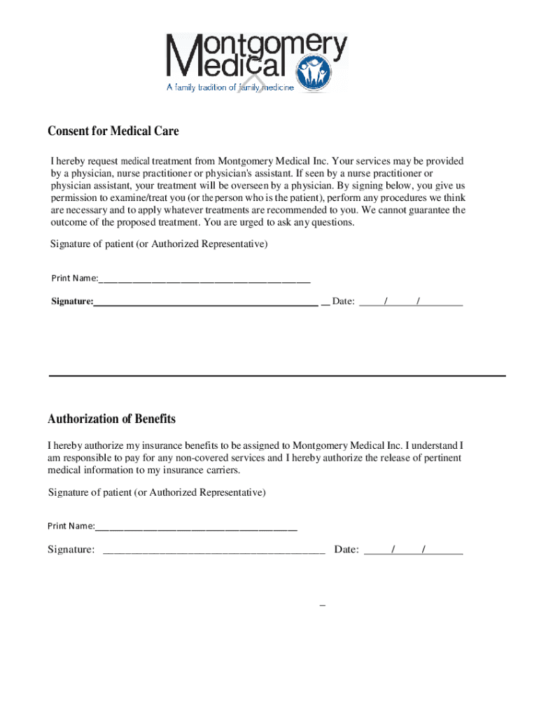 Fillable Online Consent for Medical Care Authorization of Benefits Fax ...
