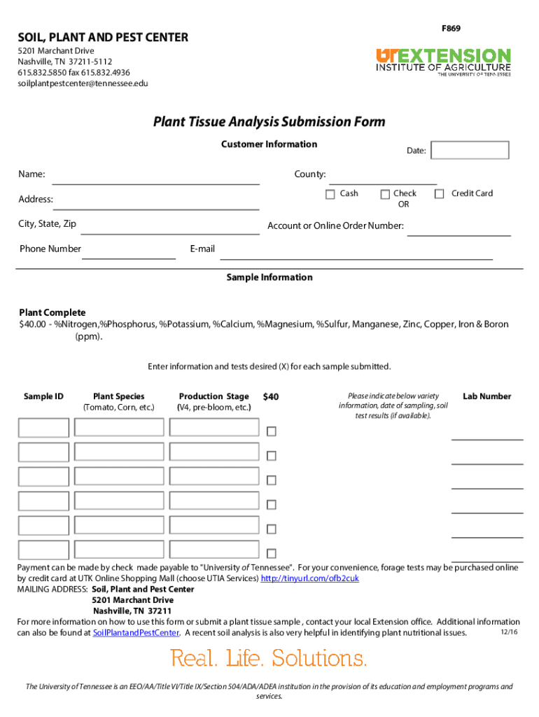 Fillable Online Plant Tissue Analysis Submission Form Fax Email Print ...