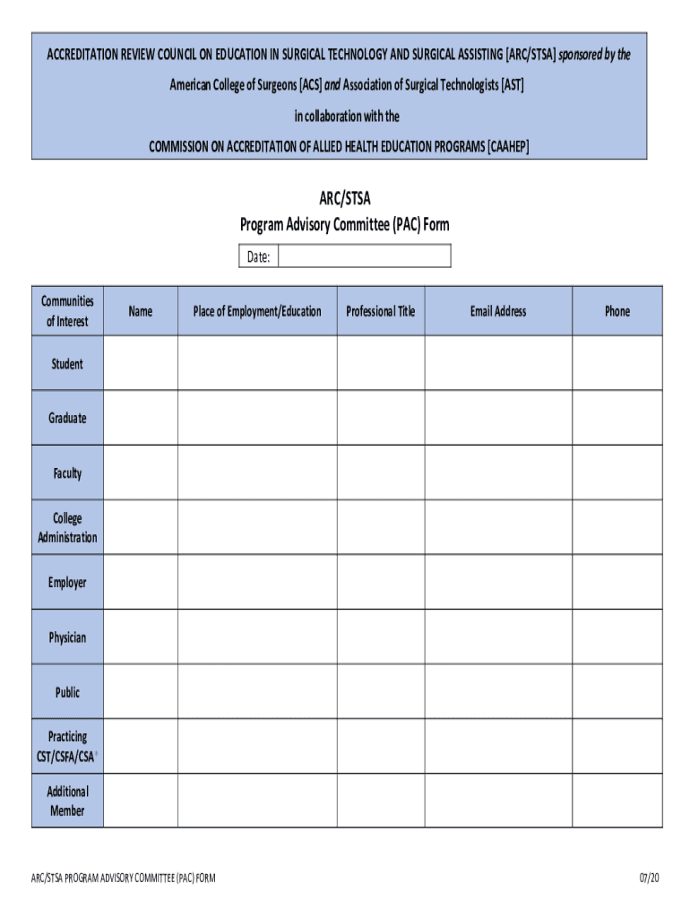 Fillable Online ARC/STSA Program Advisory Committee (PAC) Form Fax ...
