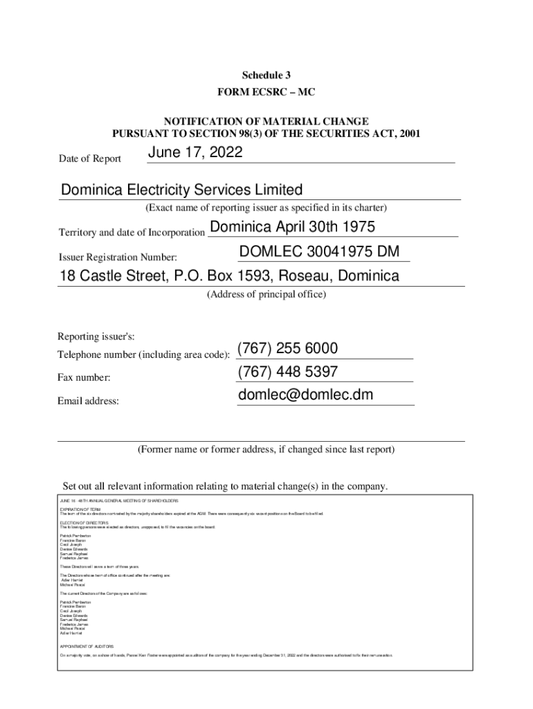 Fillable Online Schedule 3 FORM ECSRC - MC NOTIFICATION OF ... Fax ...