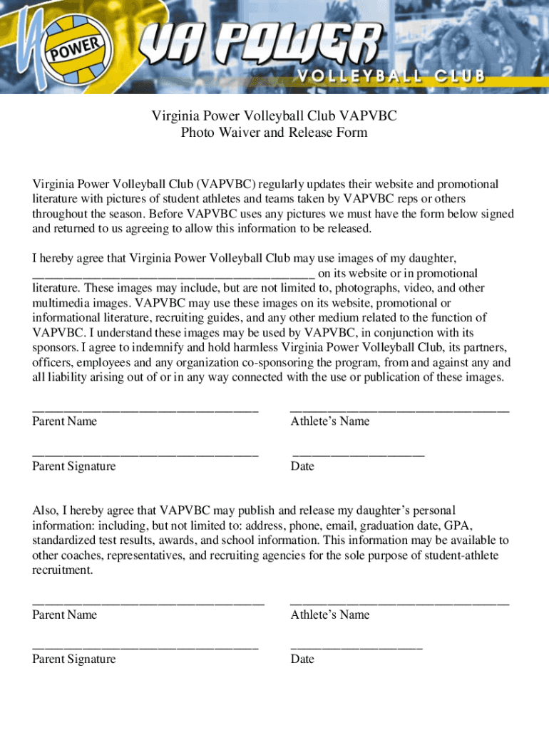 Fillable Online Power-Volleyball-Waiver-of-Liability-Assumption-of-Risk ...