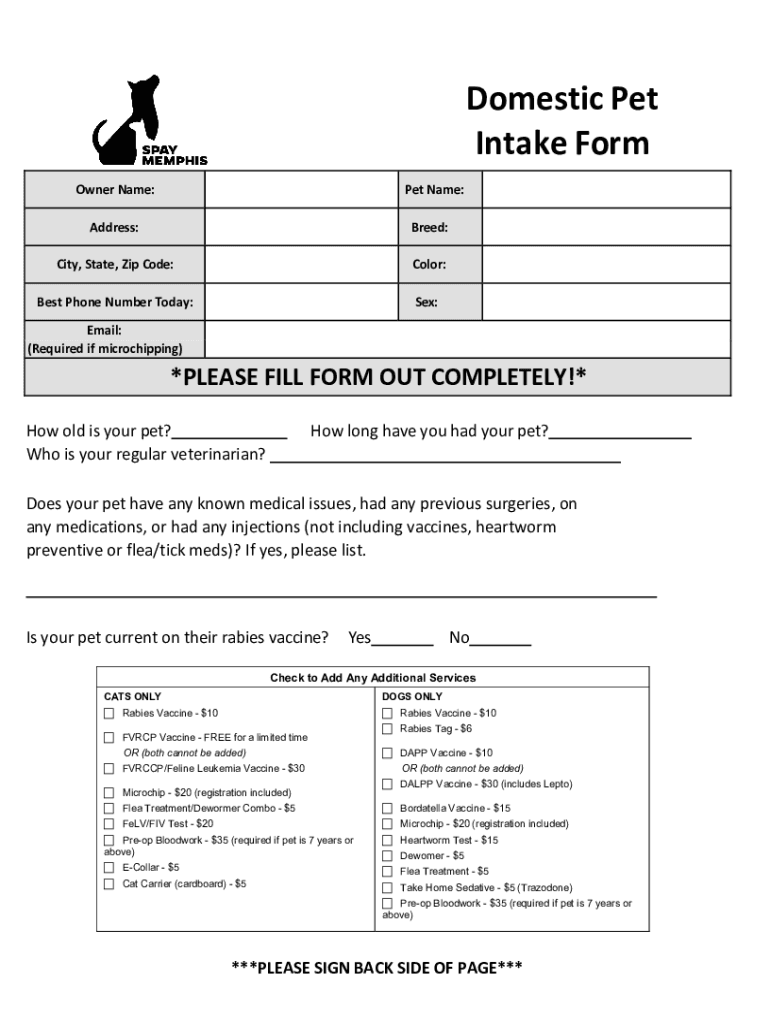 Fillable Online Domestic Pet Intake Form Fax Email Print - pdfFiller