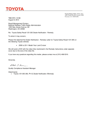 Fillable Online Toyota Motor North America, Receipt of Petition for ...