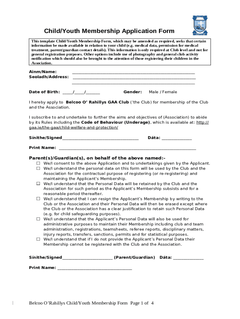 Fillable Online This template Child/Youth Membership Form, which may be ...