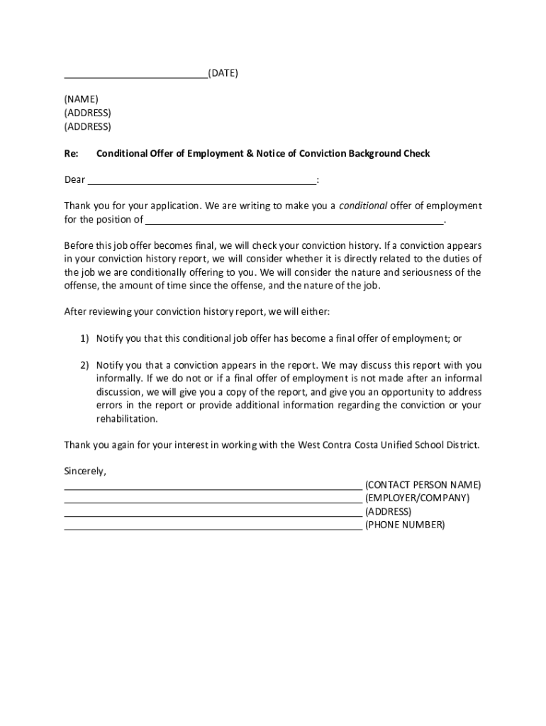 Fillable Online Sample Conditional Job Offer Letter Fax Email Print ...