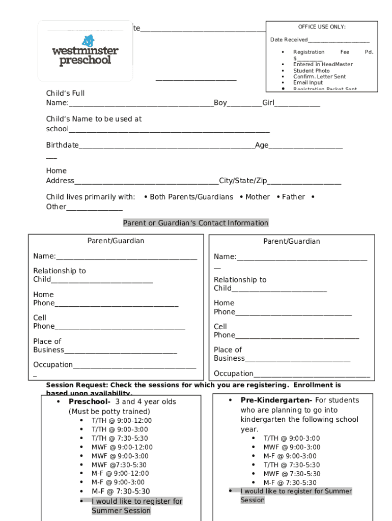 Kindergarten Application packet Doc Template | pdfFiller