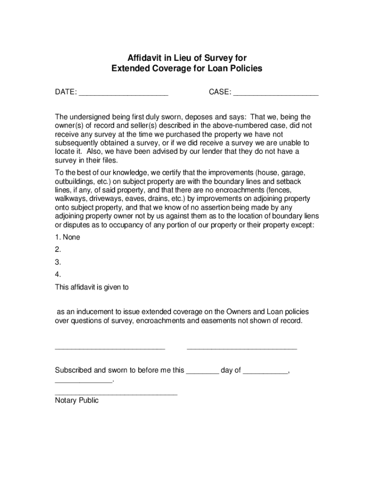 Fillable Online Affidavit in Lieu of Survey for Extended Coverage for ...