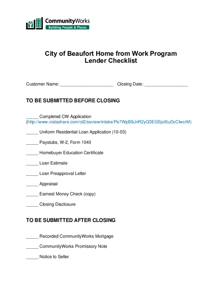 Fillable Online City of Beaufort Home from Work Program Lender ...