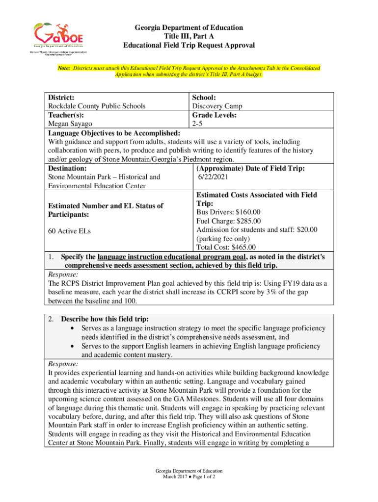 Fillable Online Educational Field Trip Budget Approval Form Fax Email ...