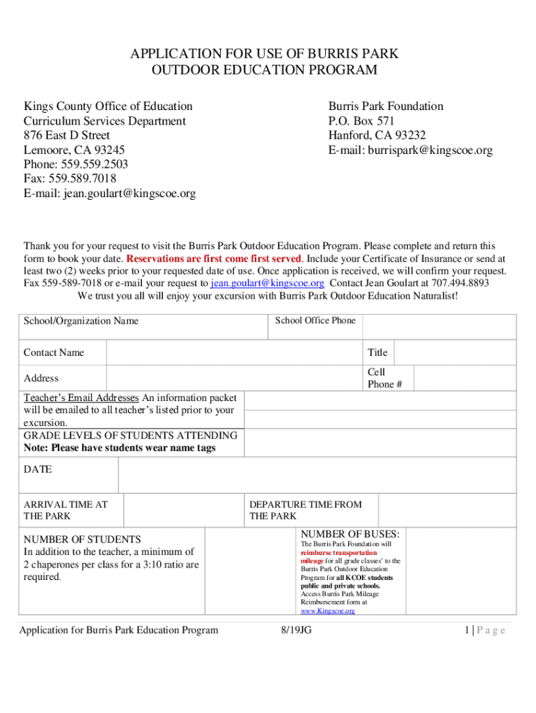 Fillable Online APPLICATION FOR USE OF BURRIS PARK OUTDOOR ... Fax ...