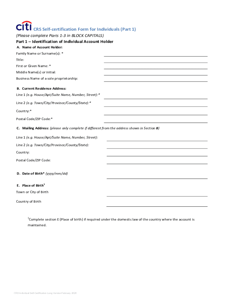 Fillable Online Common Reporting Standard - CRS Self-certification Form ...