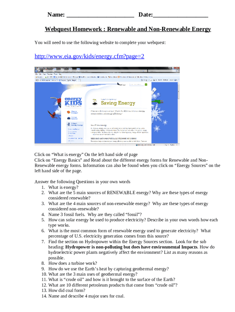 Webquest : Renewable and Non-Renewable Energy Doc Template | pdfFiller