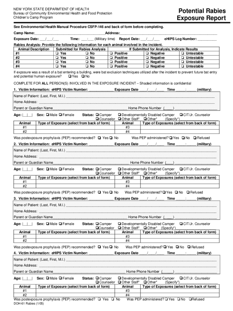 Fillable Online Potential Rabies Exposure Report. NYS DOH 61 (rabies ...
