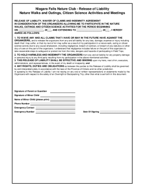 Fillable Online Release of Liability Nature Walks and Outings, Citizen ...