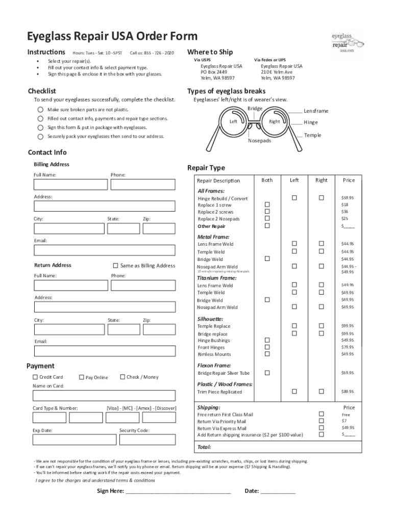 Fillable Online Eyeglass Repair Order Form Fax Email Print - pdfFiller