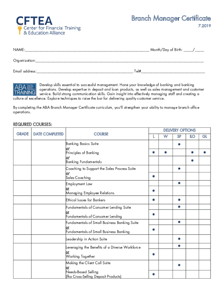 Fillable Online Branch Manager Bootcamp Certificate: The Evolving Role ...