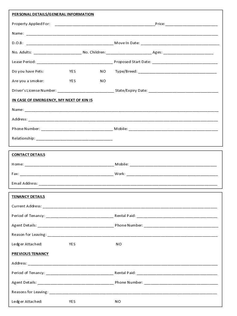 Fillable Online Application for Tenancy - Aspect Estate Agent Fax Email ...