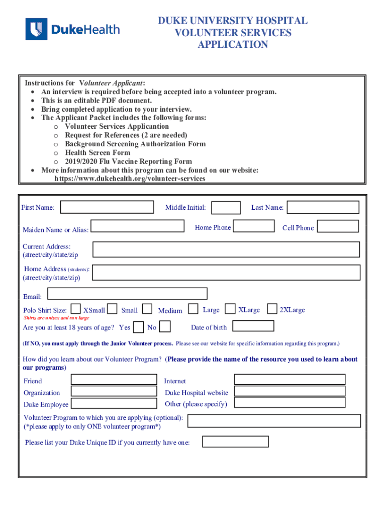 Fillable Online Duke University Hospital NEW College Student Volunteer ...