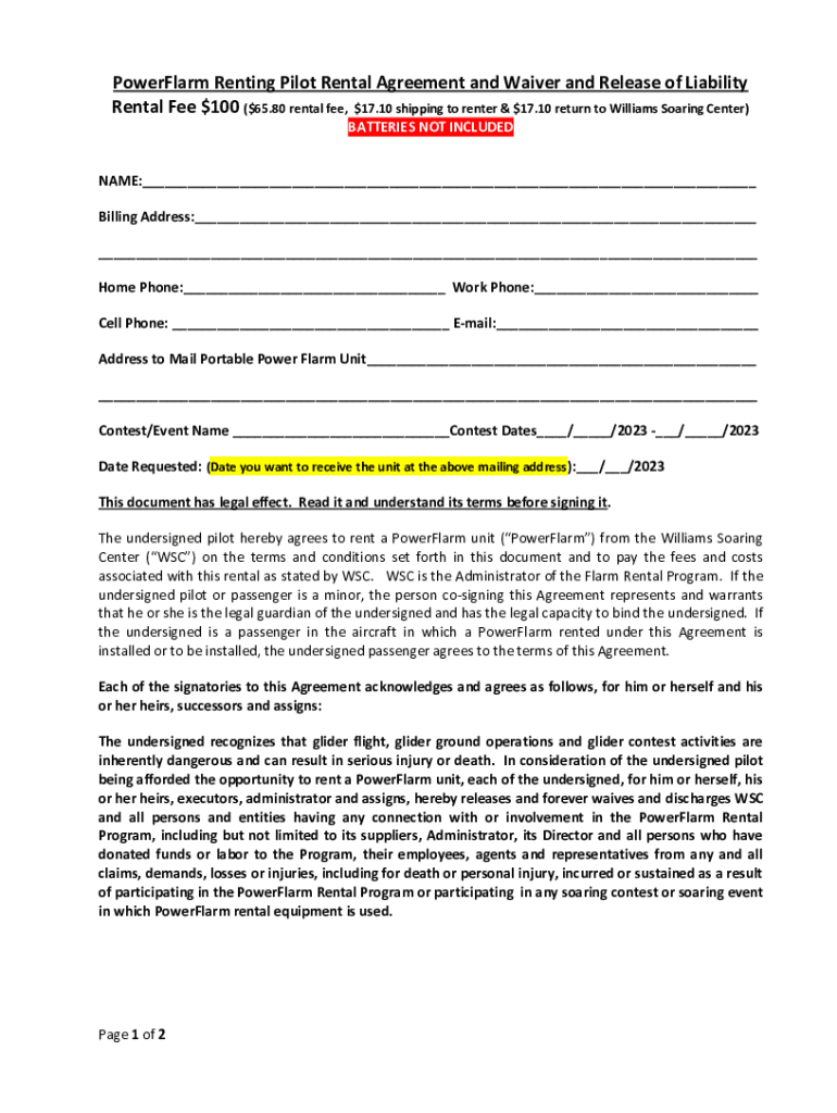 Fillable Online PowerFlarm Renting Pilot Rental Agreement and Waiver ...