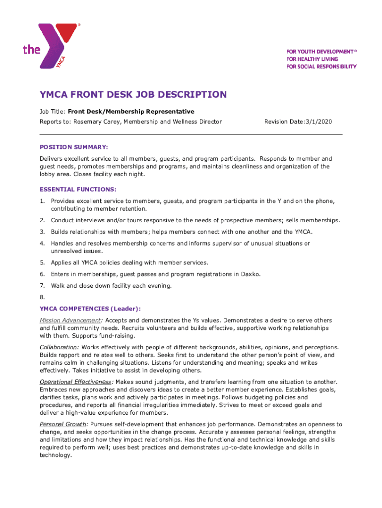 Fillable Online ymca front desk job description Fax Email Print - pdfFiller