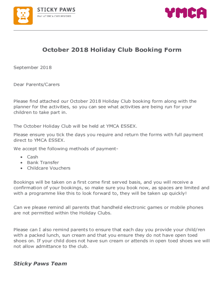 Fillable Online Holiday Club Booking Forms Fax Email Print - pdfFiller