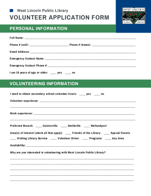Fillable Online West Lincoln Public Library Volunteer Application Form ...