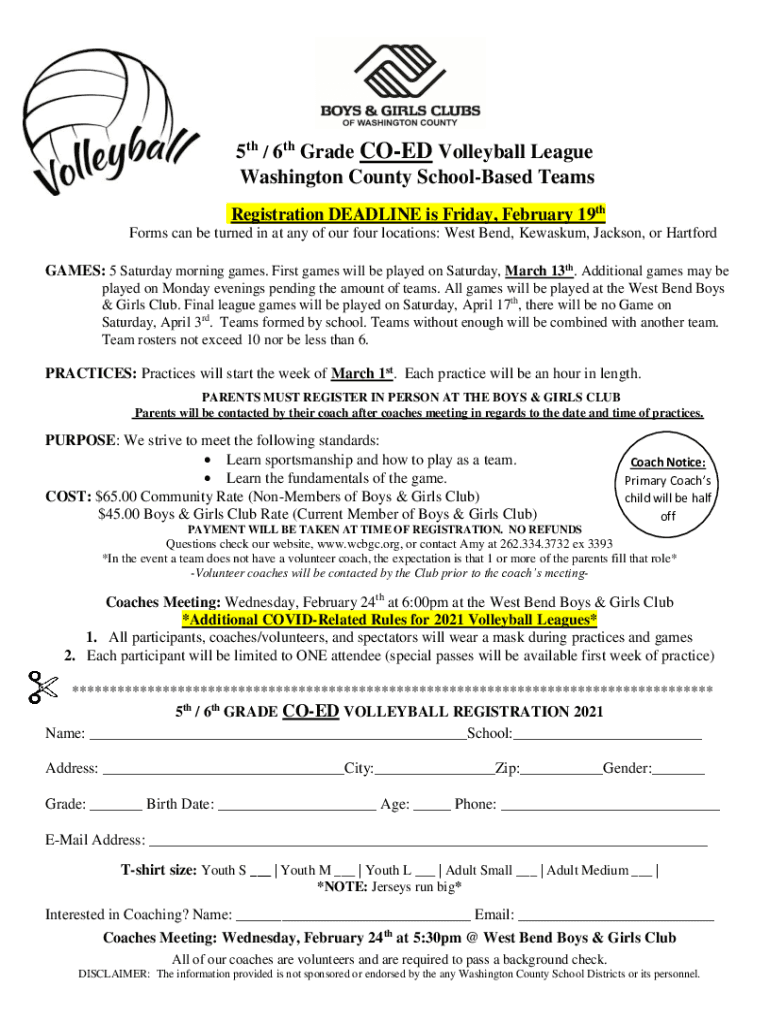 Fillable Online / 6th Grade CO-ED Volleyball League Washington County ...