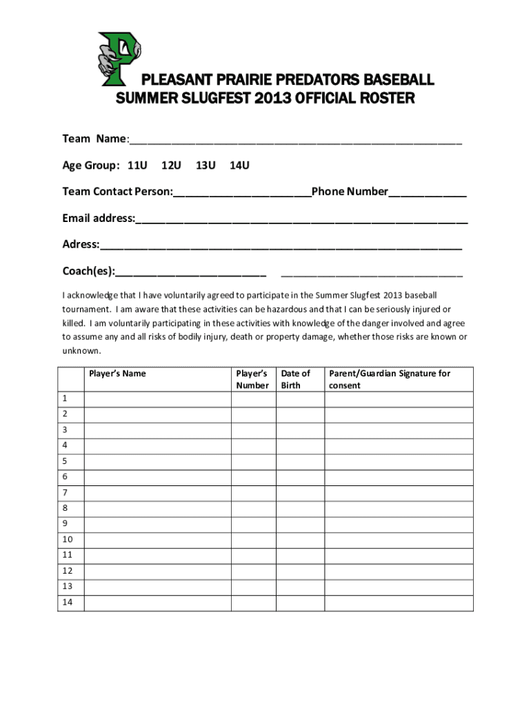 Fillable Online PLEASANT PRAIRIE PREDATORS BASEBALL SUMMER ... Fax ...