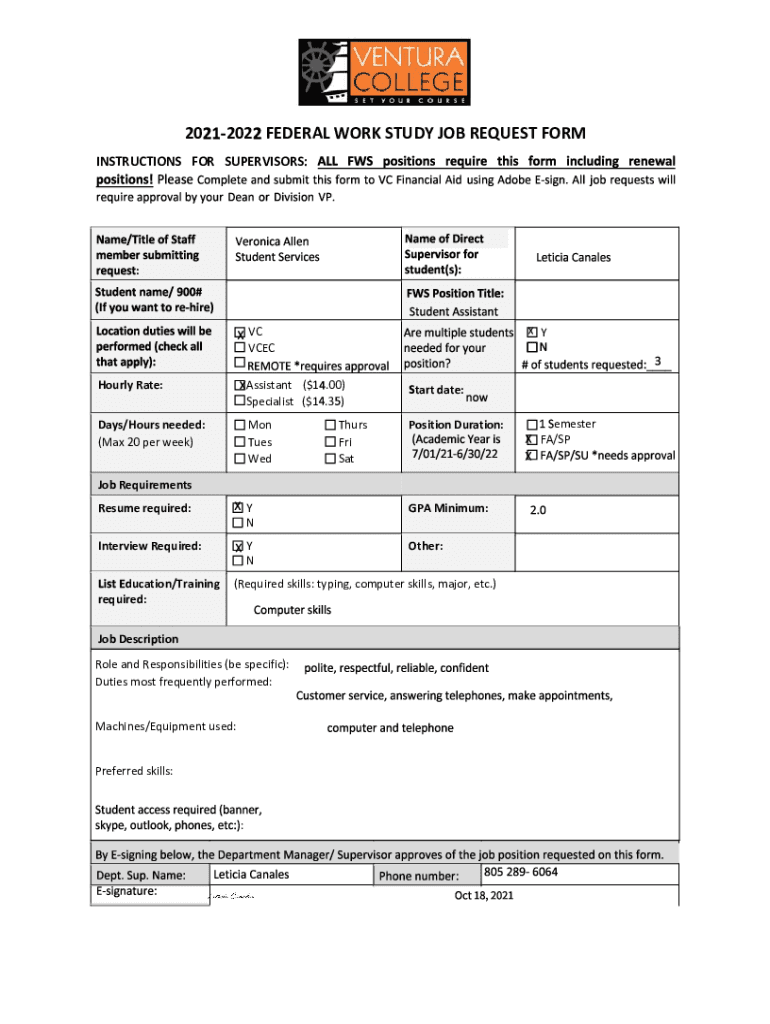 Fillable Online 20 202 FEDERAL WORK STUDY JOB REQUEST FORM Fax Email ...