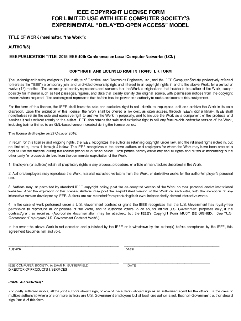 Fillable Online IEEE COPYRIGHT LICENSE FORM FOR LIMITED USE ... Fax ...