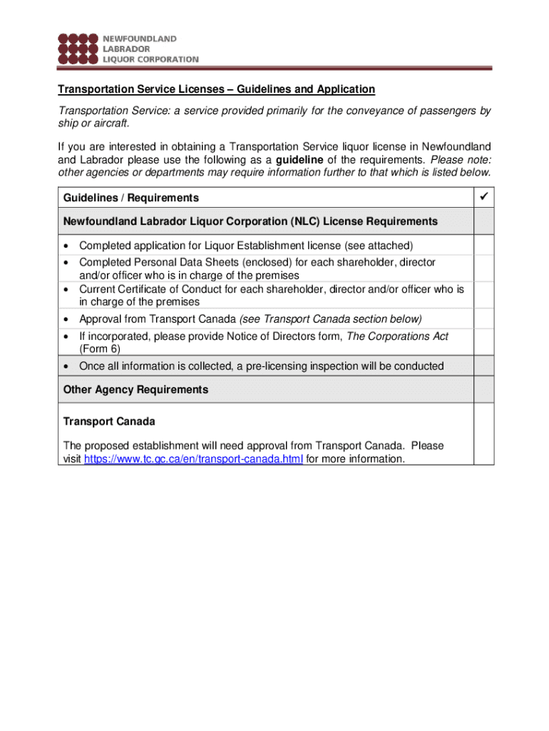 Fillable Online Transportation Service Licenses Guidelines and ...