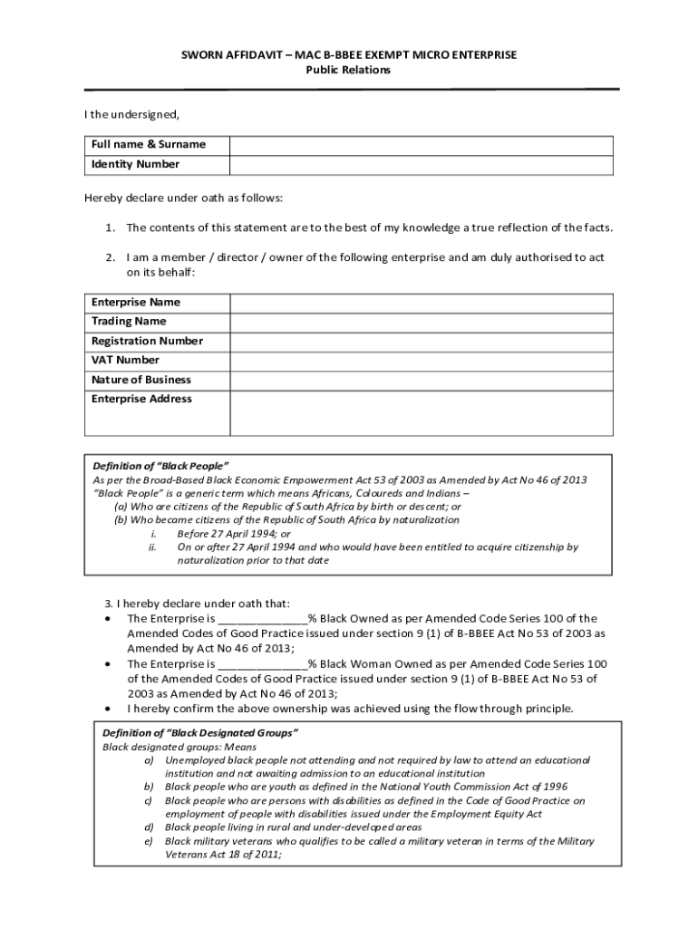 Fillable Online sworn affidavitb-bbee mac exempt micro enterprise Fax ...