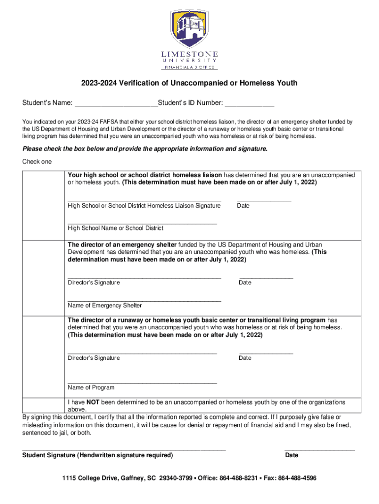 Fillable Online 2023-2024 Verification of Unaccompanied or Homeless ...