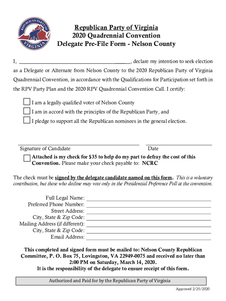 Fillable Online CONVENTION DELEGATE Pre-File Form Fax Email Print ...