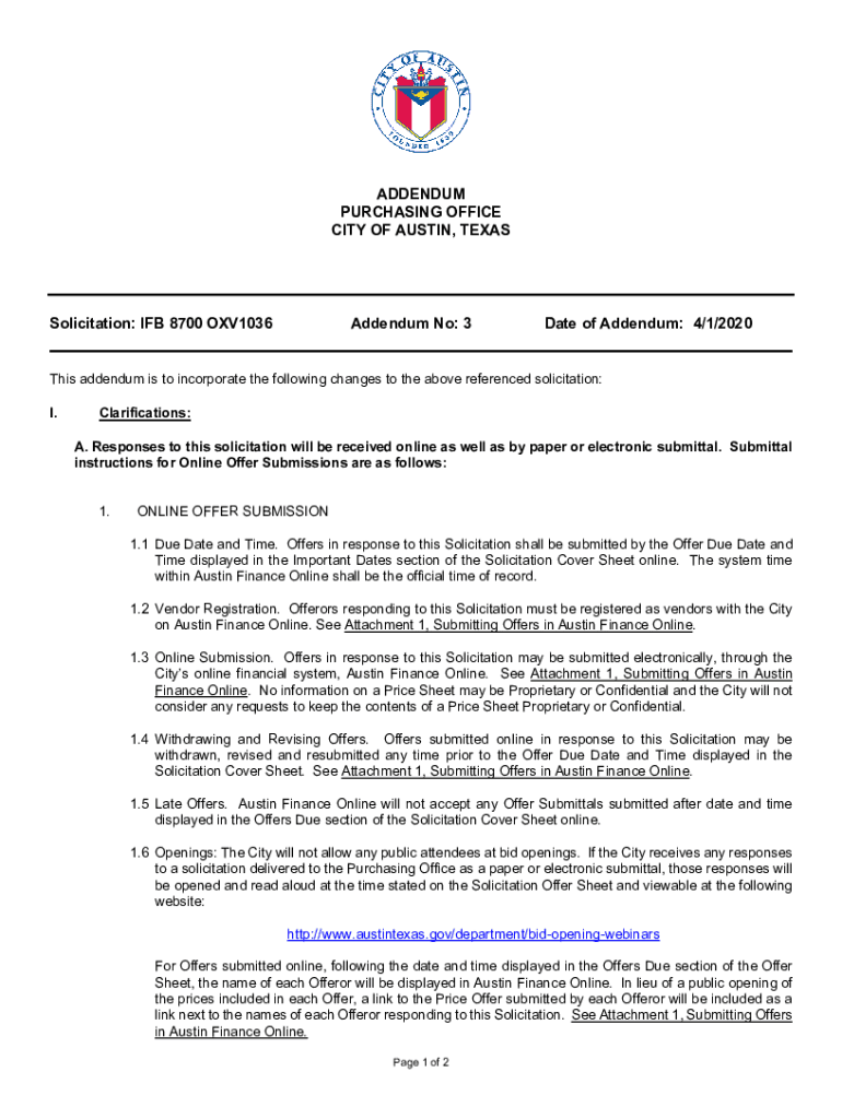 Fillable Online ADDENDUM PURCHASING OFFICE CITY OF AUSTIN, TEXAS Fax ...