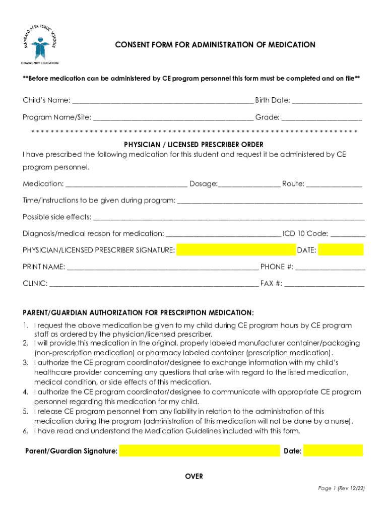 Fillable Online CE CONSENT FORM FOR ADMINISTRATION OF MEDICATION Fax Email Print - pdfFiller