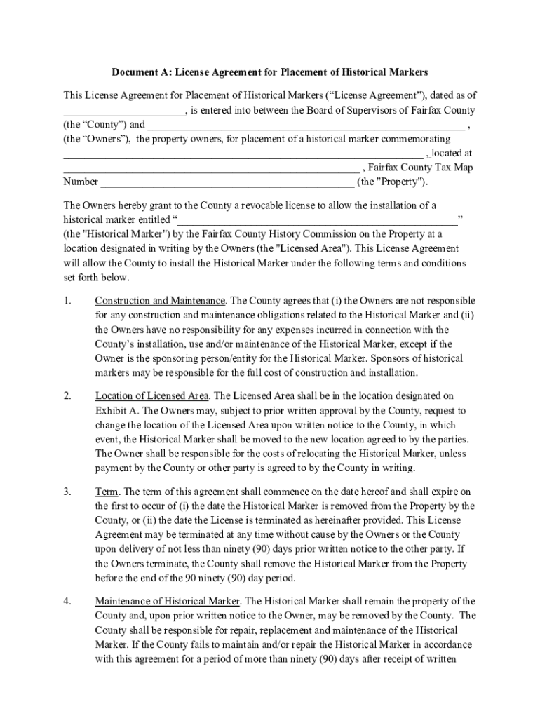 Fillable Online License Agreement for Placement of Historical Markers Fax Email Print - pdfFiller