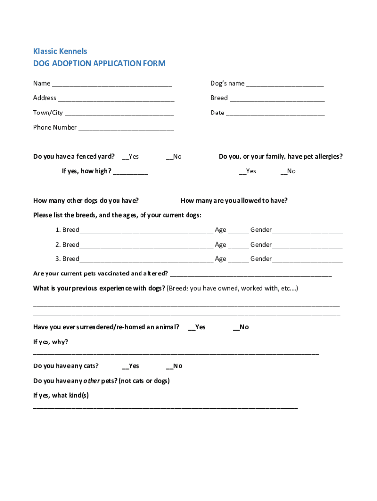 Fillable Online Klassic Kennels DOG ADOPTION APPLICATION FORM Fax Email ...