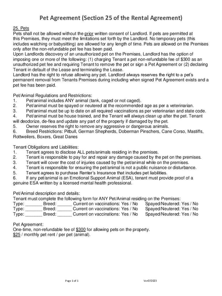 Fillable Online Pet Agreement (Section 25 of the Rental Agreement) Fax ...