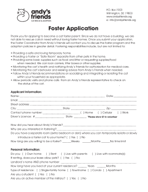 Fillable Online Foster Application - Andy's Friends Cat Rescue and ...