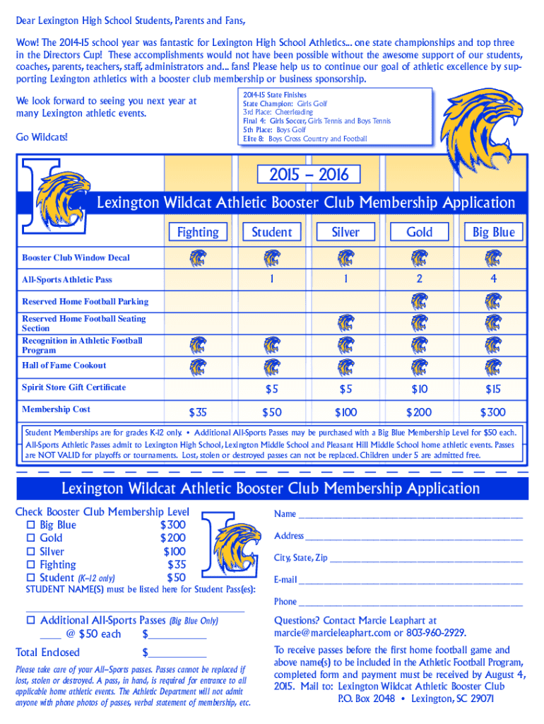 Fillable Online Lexington Wildcat Athletic Booster Club Membership ...
