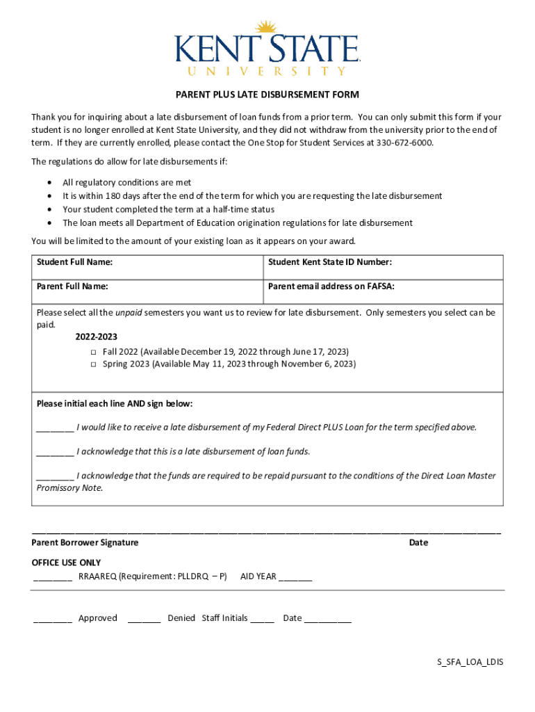 Fillable Online parent plus late disbursement form - Student Financial ...