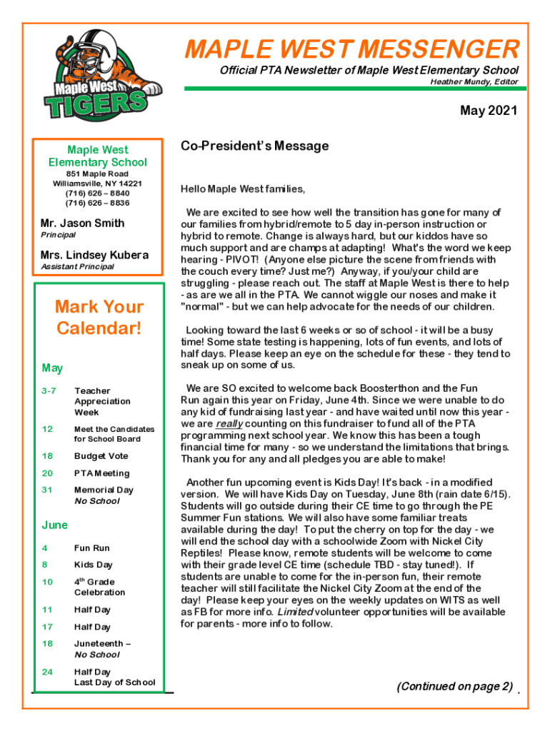 Fillable Online Official PTA Newsletter of Maple West Elementary School ...