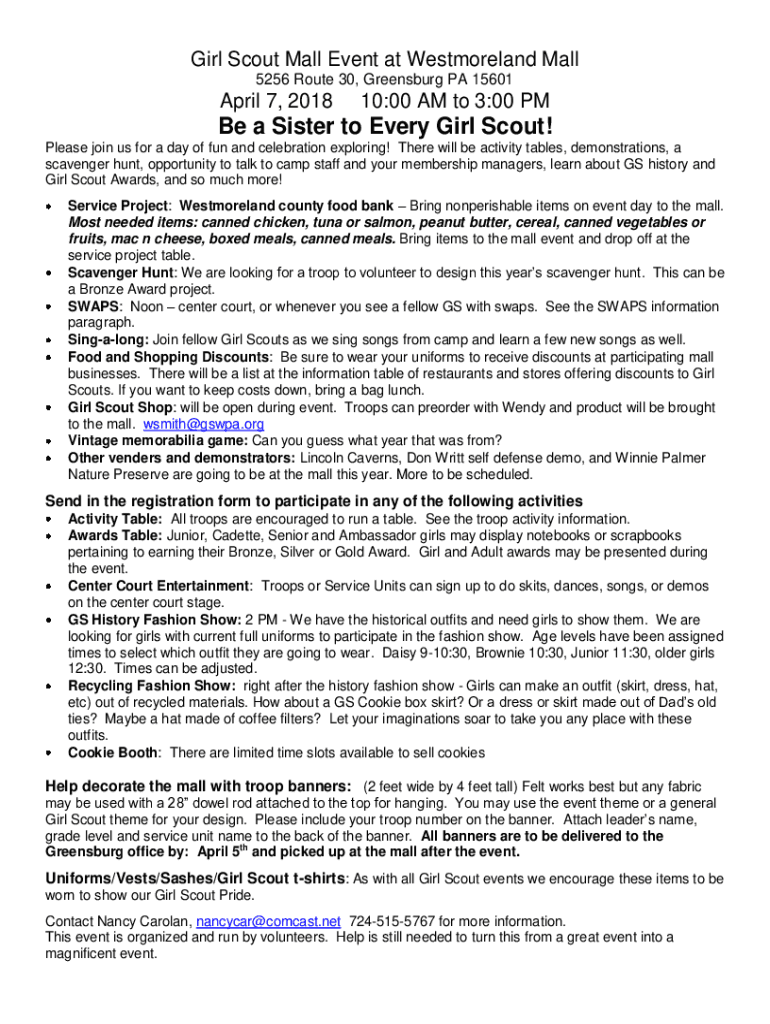 Fillable Online Girl Scout Mall Event - Central Westmoreland Service Unit Fax Email Print ...