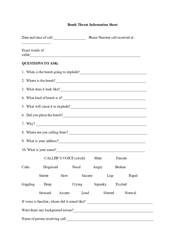 Fillable Online CODE BLACK - BOMB THREAT EMERGENCY PLAN Fax Email Print ...