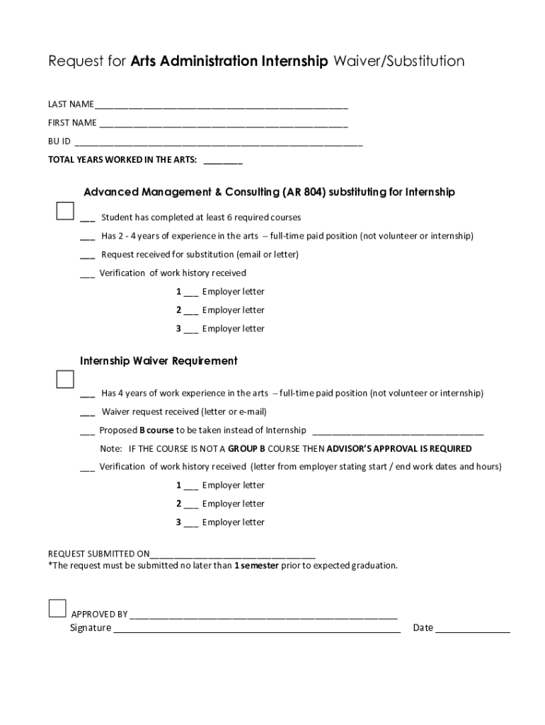 Fillable Online Request for Arts Administration Internship Waiver/Substitution Fax Email Print ...